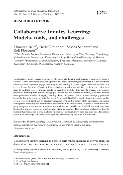 (PDF) Collaborative Inquiry Learning: Models, tools, and challenges