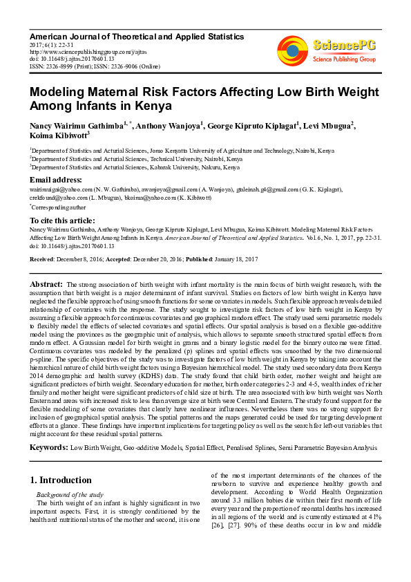 (PDF) Modeling Maternal Risk Factors Affecting Low Birth Weight Among ...