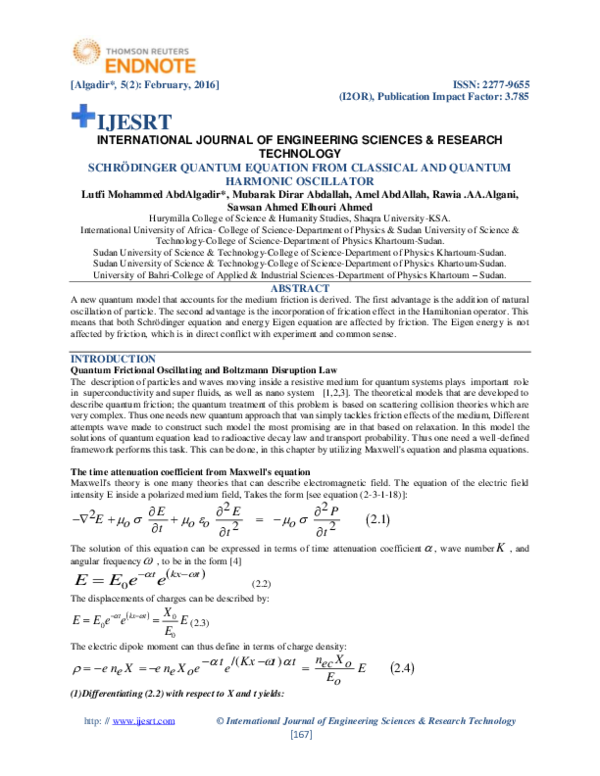 (PDF) SCHRÖDINGER QUANTUM EQUATION FROM CLASSICAL AND QUANTUM HARMONIC ...