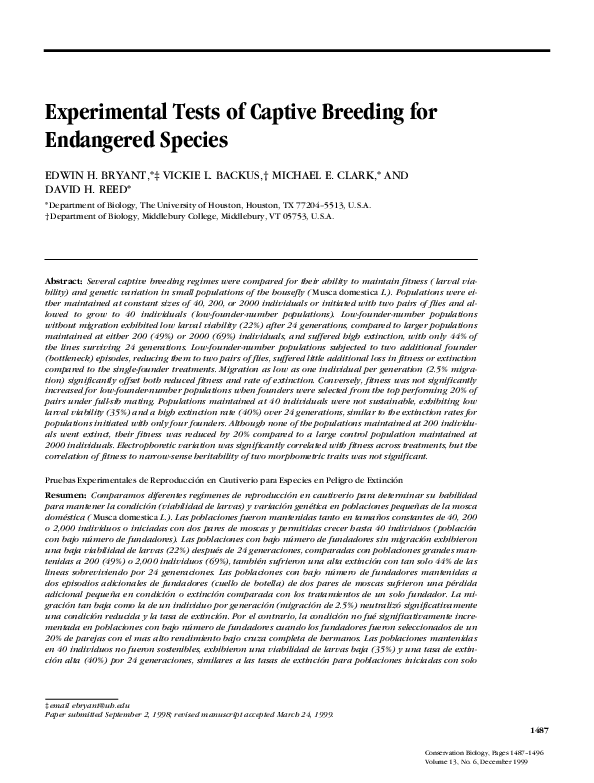 (PDF) Experimental Tests of Captive Breeding for Endangered Species