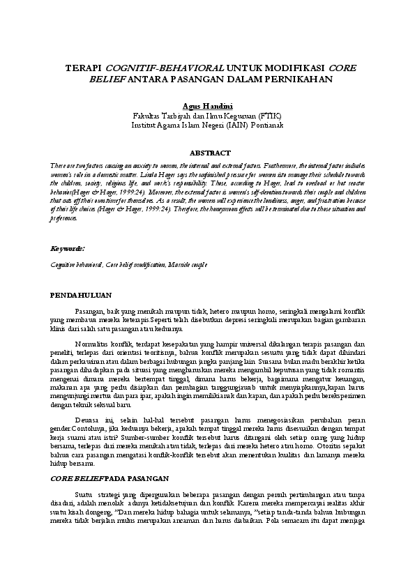 (PDF) TERAPI COGNITIF-BEHAVIORAL UNTUK MODIFIKASI CORE BELIEF ANTARA PASANGAN DALAM PERNIKAHAN