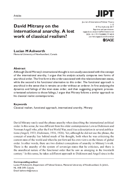 (PDF) David Mitrany on the international anarchy. A lost work of ...