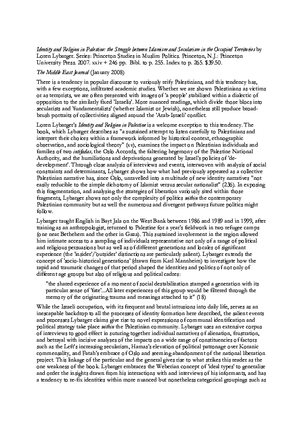(PDF) Review of Loren Lybarger, Identity and Religion in Palestine: the ...