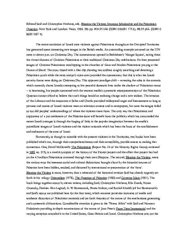 (PDF) Review of Said and Hitchens, Blaming the Victims