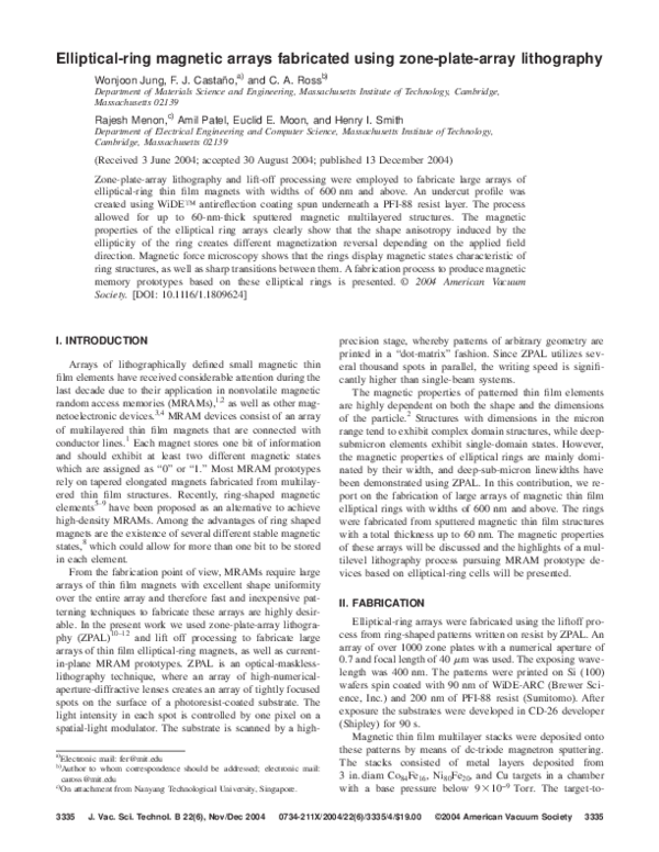 Pdf Elliptical Ring Magnetic Arrays Fabricated Using Zone Plate Array Lithography
