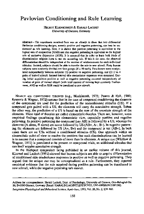 (PDF) Pavlovian conditioning and rule learning