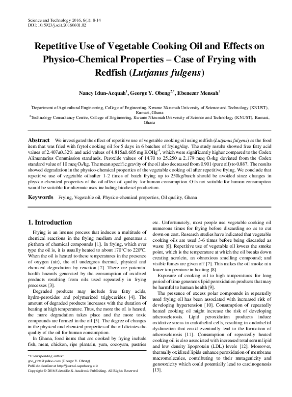 (PDF) Repetitive Use of Vegetable Cooking Oil and Effects on Physico ...