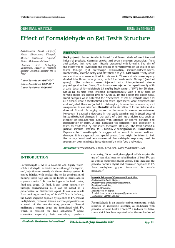(PDF) Effect of Formaldehyde on Rat Testis Structure