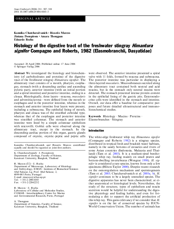 (PDF) Histology of the digestive tract of the freshwater stingray ...