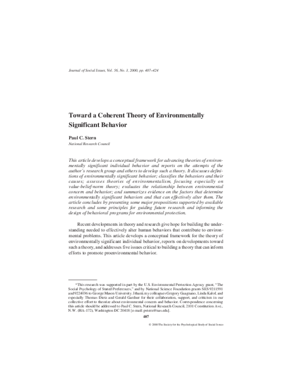 (PDF) Toward a Coherent Theory of Environmentally Significant Behavior
