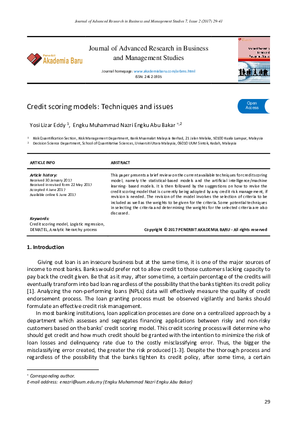 Pdf Credit Scoring Models Techniques And Issues