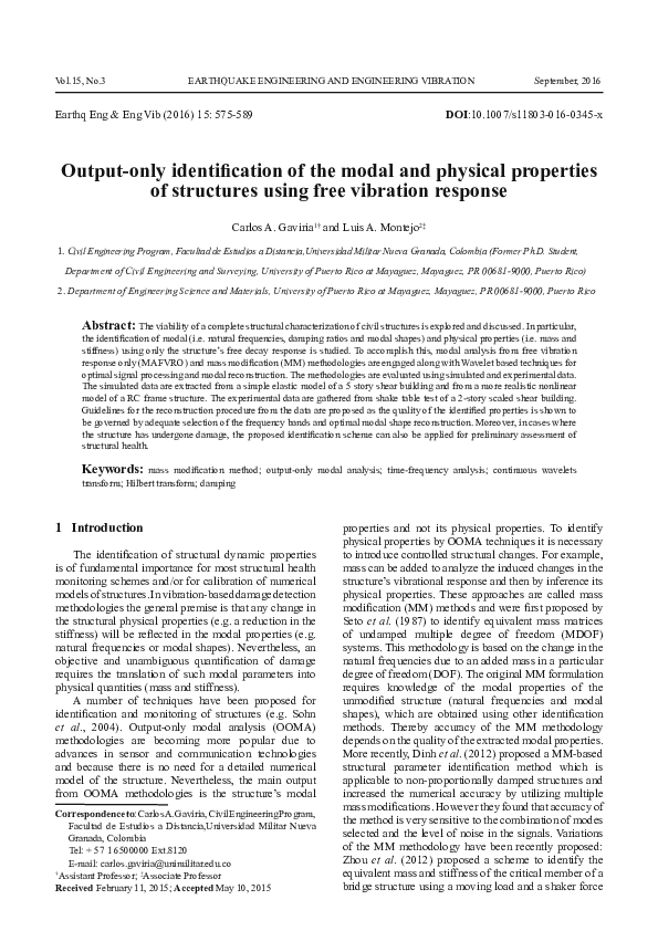 Pdf Output Only Identification Of The Modal And Physical Properties Of Structures Using Free