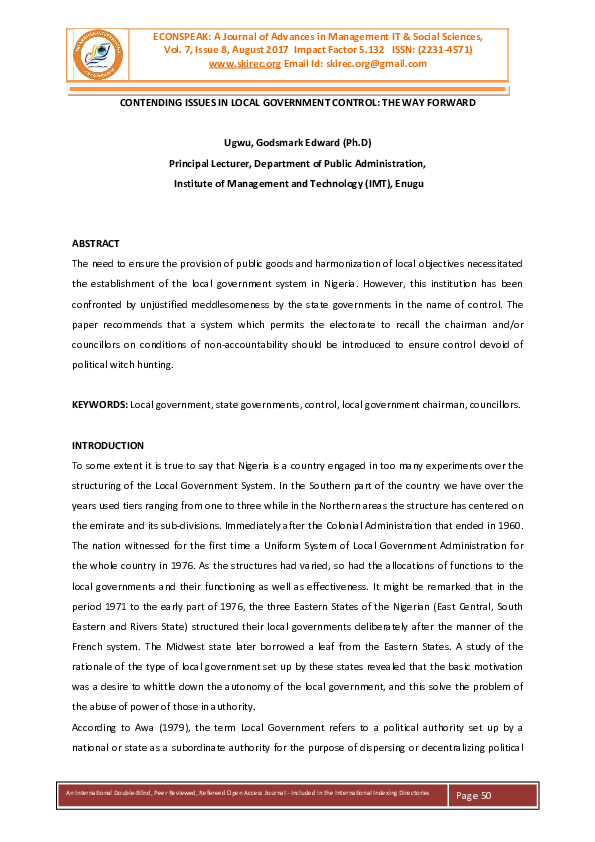 (PDF) CONTENDING ISSUES IN LOCAL GOVERNMENT CONTROL: THE WAY FORWARD
