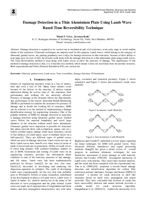 (PDF) Damage Detection in a Thin Aluminium Plate Using Lamb Wave Based Time Reversibility Technique