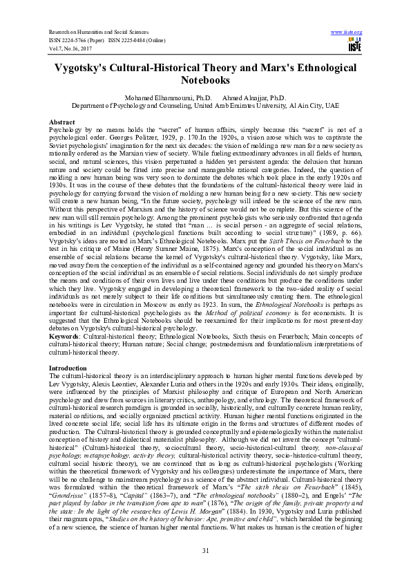(PDF) Vygotsky's Cultural-Historical Theory and Marx's Ethnological ...