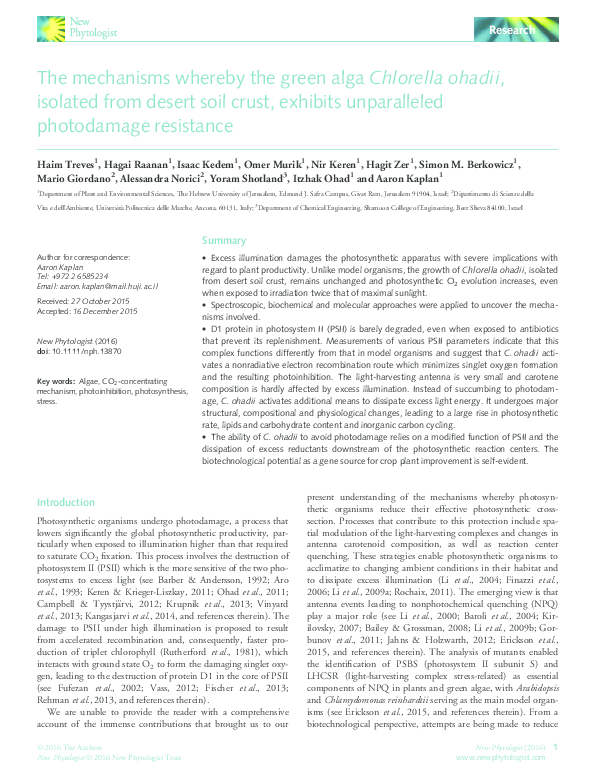 (PDF) The mechanisms whereby the green alga Chlorella ohadii, isolated ...