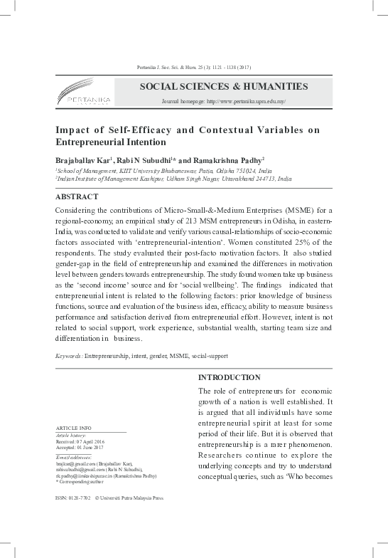 (PDF) Impact of Self-Efficacy and Contextual Variables on Entrepreneurial Intention | Prof. Rabi ...
