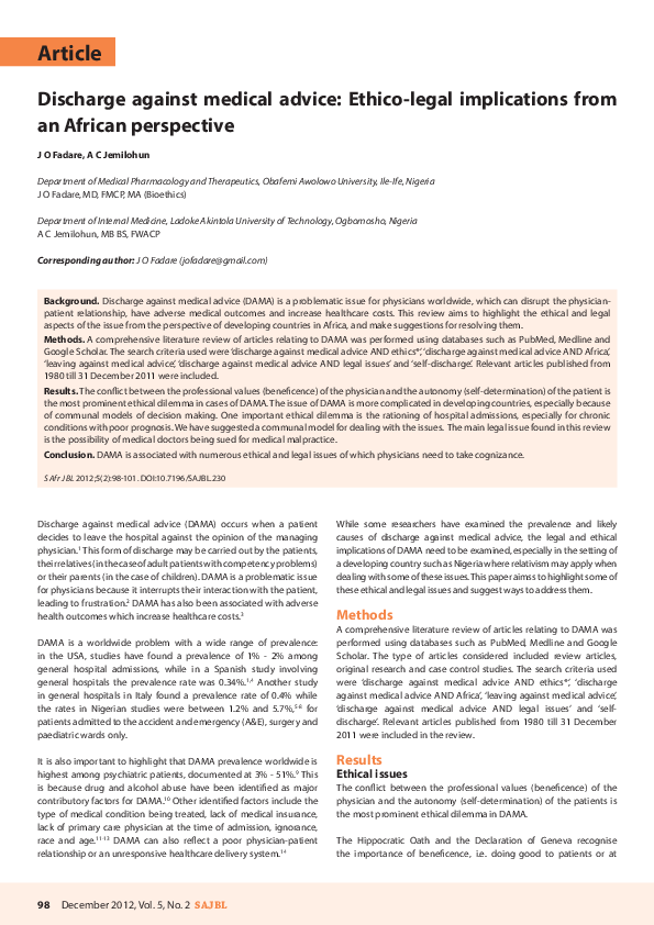 (PDF) Discharge against medical advice Ethico-legal implications from