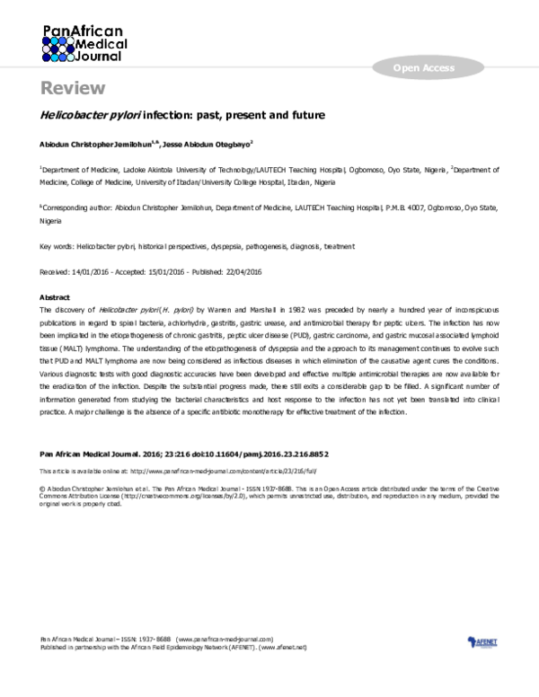 (PDF) Helicobacter pylori infection: past, present and future