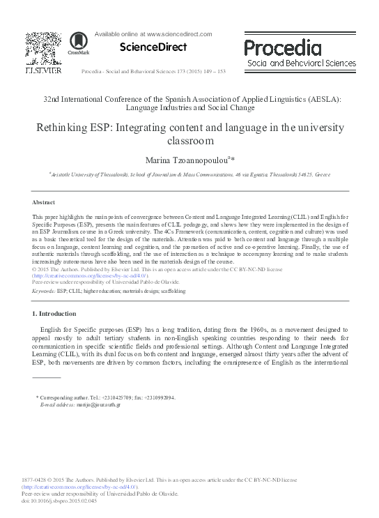 (PDF) Rethinking ESP: Integrating content and language in the ...