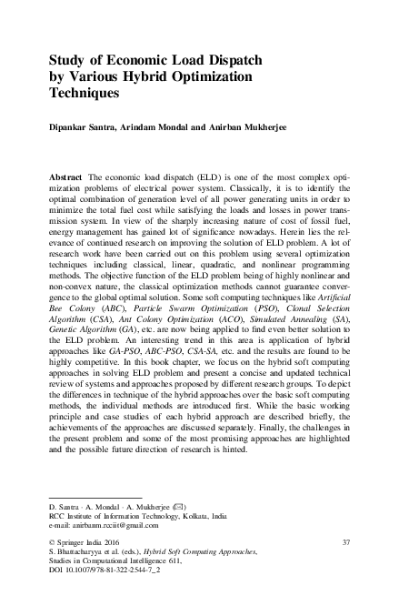 (PDF) Study of Economic Load Dispatch by Various Hybrid Optimization Techniques