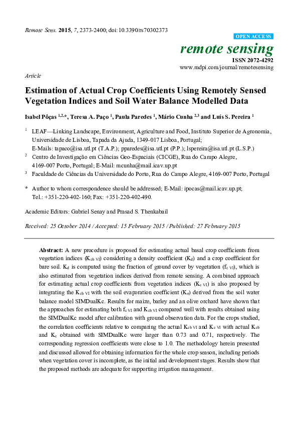 (PDF) Estimation of Actual Crop Coefficients Using Remotely Sensed Vegetation Indices and Soil ...