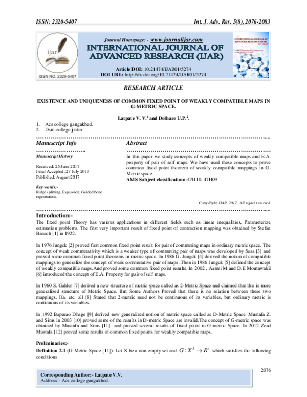 Pdf Existence And Uniqueness Of Common Fixed Point Of Weakly Compatible Maps In G Metric Space