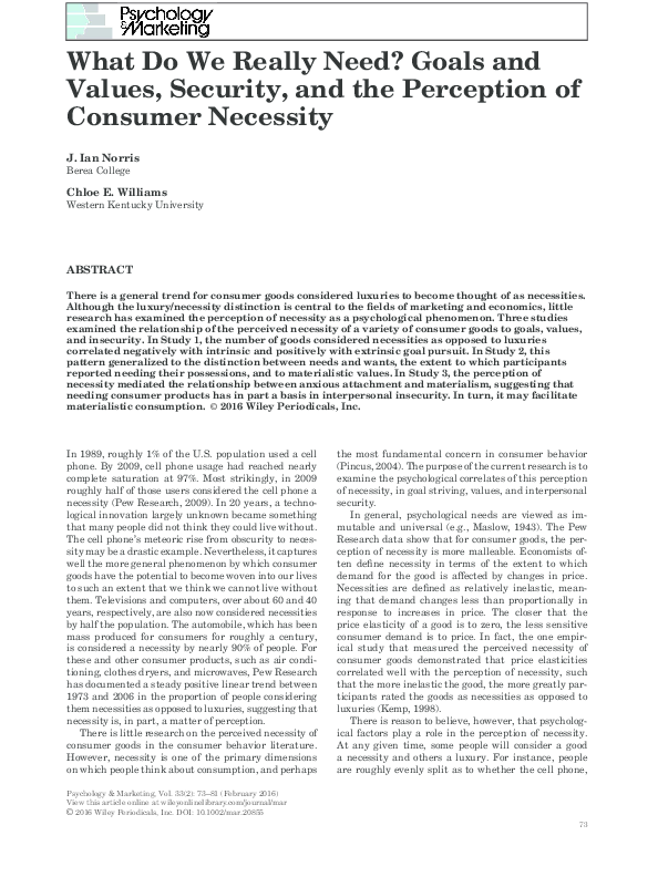 (PDF) What Do We Really Need? Goals and Values, Security, and the ...