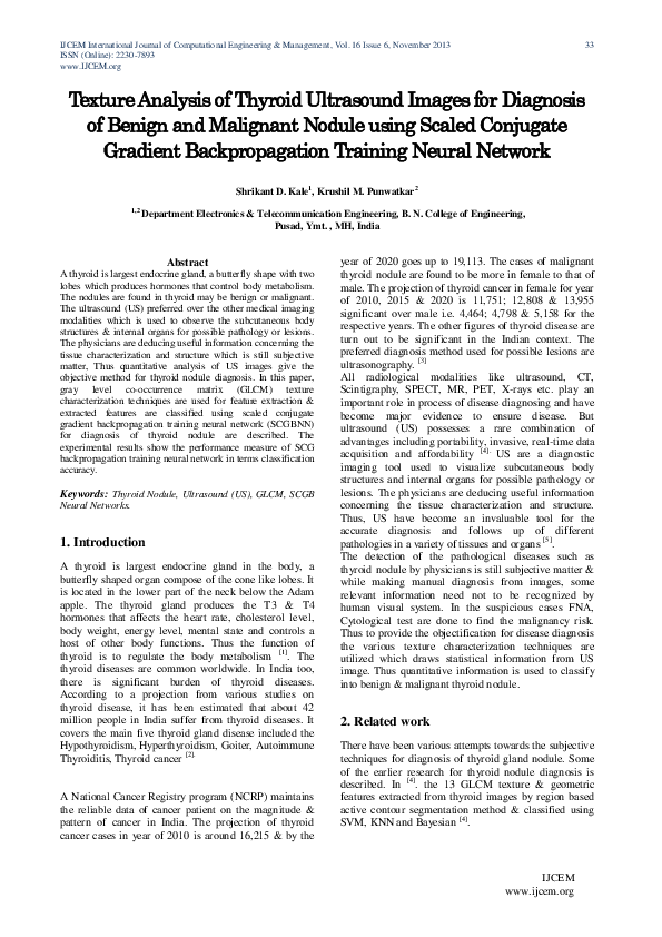 (PDF) Texture Analysis of Thyroid Ultrasound Images for Diagnosis of Benign and Malignant Nodule ...