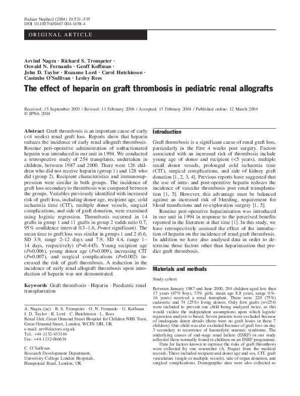 (PDF) The effect of heparin on graft thrombosis in pediatric renal ...
