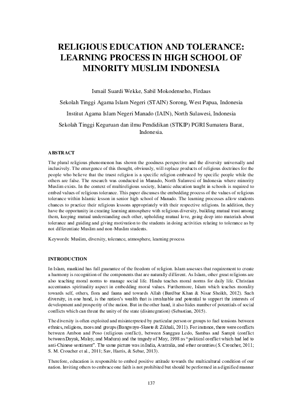 (PDF) RELIGIOUS EDUCATION AND TOLERANCE: LEARNING PROCESS IN HIGH ...