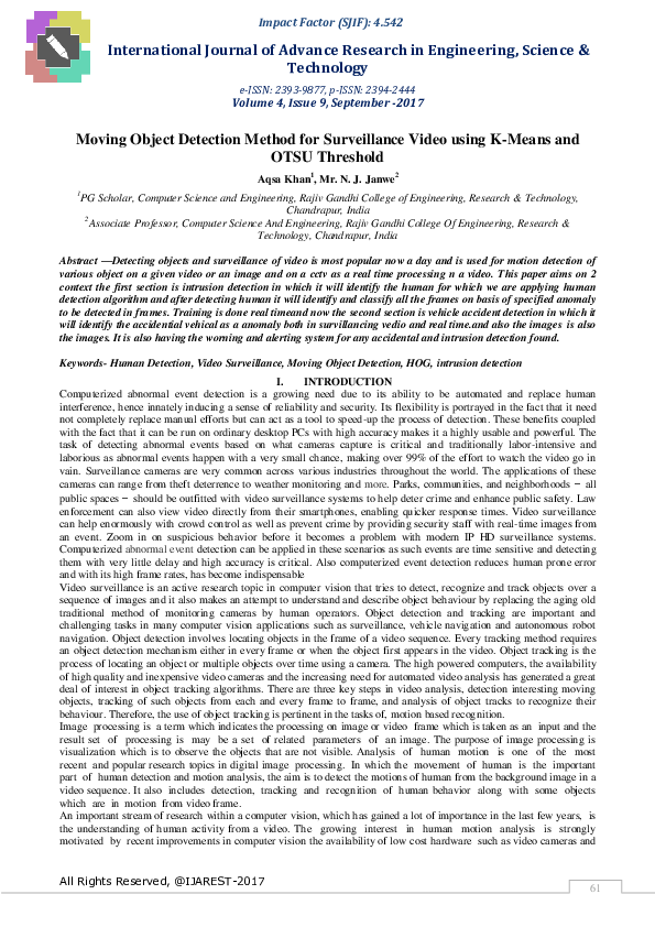 Pdf Moving Object Detection Method For Surveillance Video Using K Means And Otsu Threshold