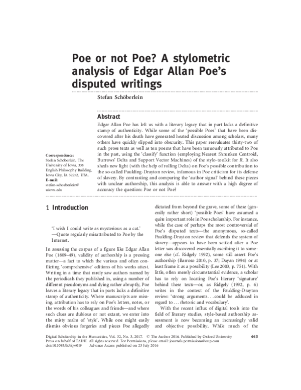 (PDF) Poe or not Poe? A stylometric analysis of Edgar Allan Poe’s ...