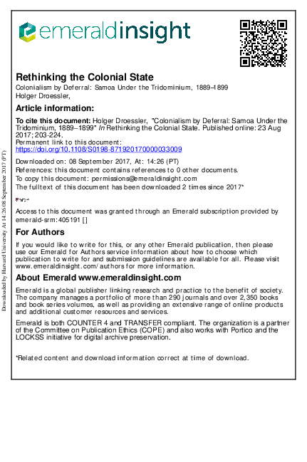 (PDF) Colonialism by Deferral: Samoa Under the Tridominium, 1889–1899