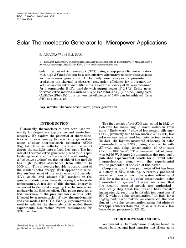 (PDF) Solar Thermoelectric Generator for Micropower Applications