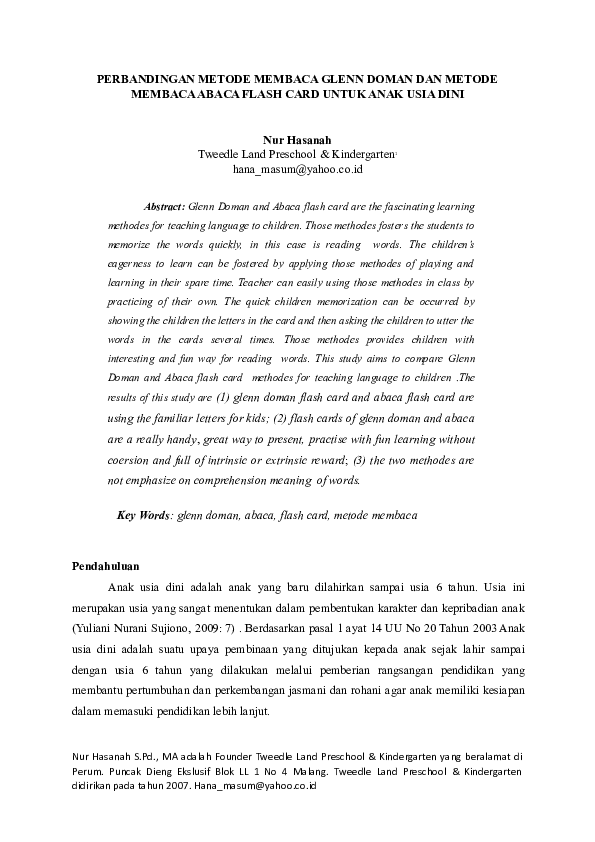 (DOC) PERBANDINGAN METODE MEMBACA GLENN DOMAN DAN METODE MEMBACA ABACA ...