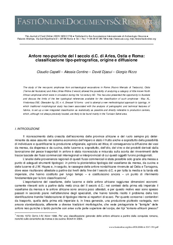 (PDF) Anfore neo-puniche del I secolo d. C. di Arles, Ostia e Roma ...