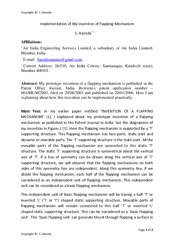 (PDF) Implementation of My Invention of Flapping Mechanism | Sanatan Hansda - Academia.edu
