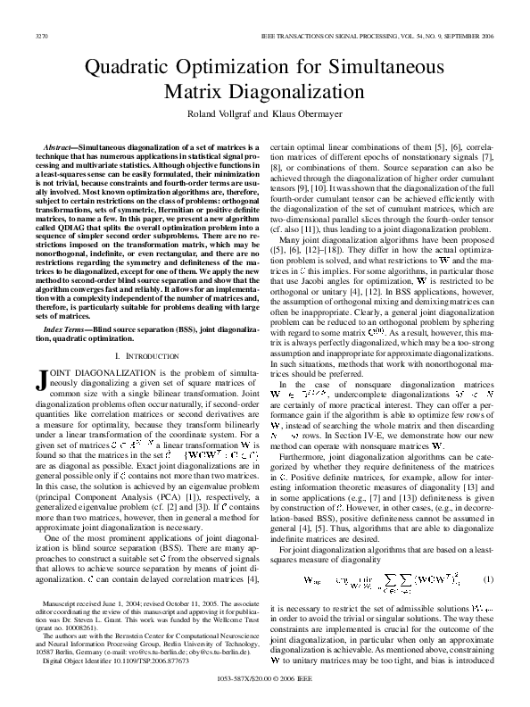 (PDF) Quadratic optimization for simultaneous matrix diagonalization | R. Vollgraf - Academia.edu