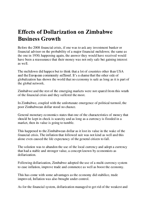(DOC) Effects of Dollarization on Zimbabwe Business Growth