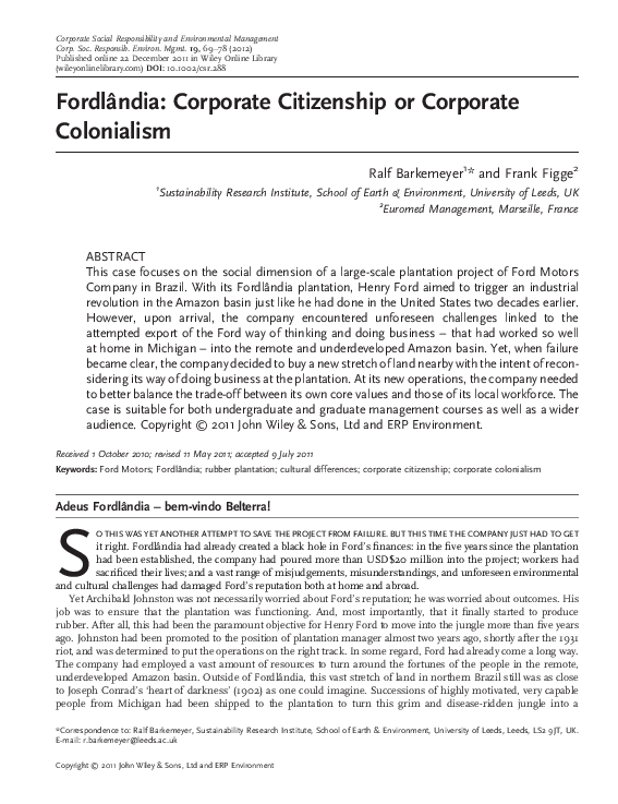 (PDF) Fordlândia: Corporate Citizenship or Corporate Colonialism