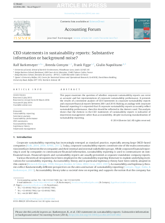 (PDF) CEO statements in sustainability reports: Substantive information ...