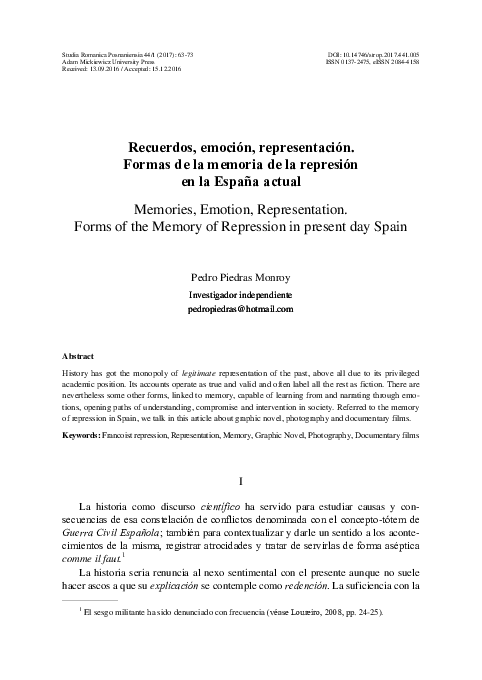 (PDF) Recuerdos, emoción, representación. Formas de la memoria de la ...