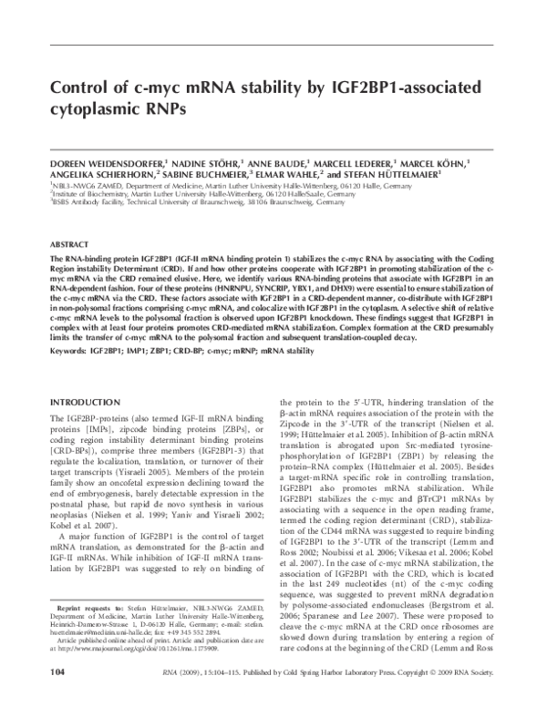 (PDF) Control of c-myc mRNA stability by IGF2BP1-associated cytoplasmic ...