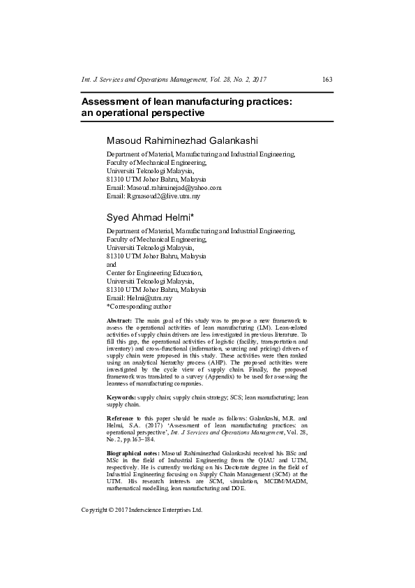 (PDF) Assessment of lean manufacturing practices: an operational perspective