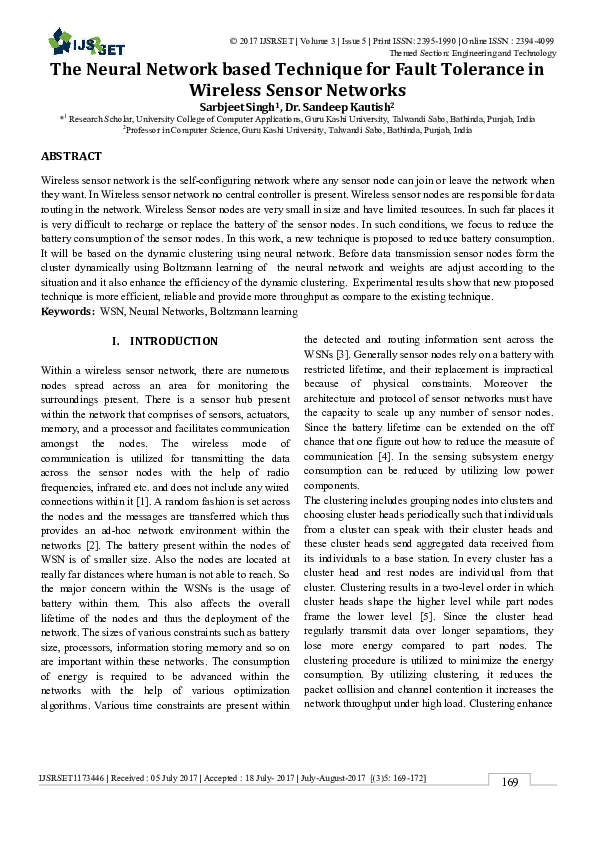 (PDF) The Neural Network based Technique for Fault Tolerance in Wireless Sensor Networks