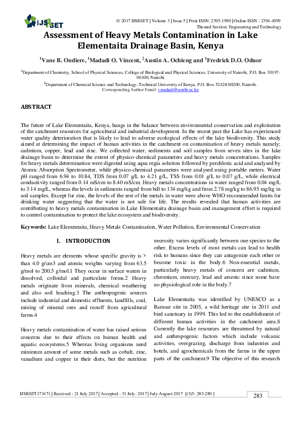(PDF) Assessment of Heavy Metals Contamination in Lake Elementaita ...