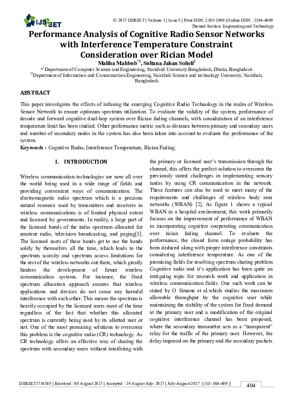 (PDF) Performance Analysis of Cognitive Radio Sensor Networks with Interference Temperature ...