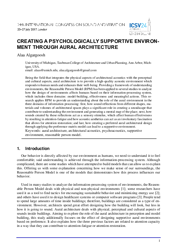 (PDF) CREATING A PSYCHOLOGICALLY SUPPORTIVE ENVIRONMENT THROUGH AURAL ARCHITECTURE