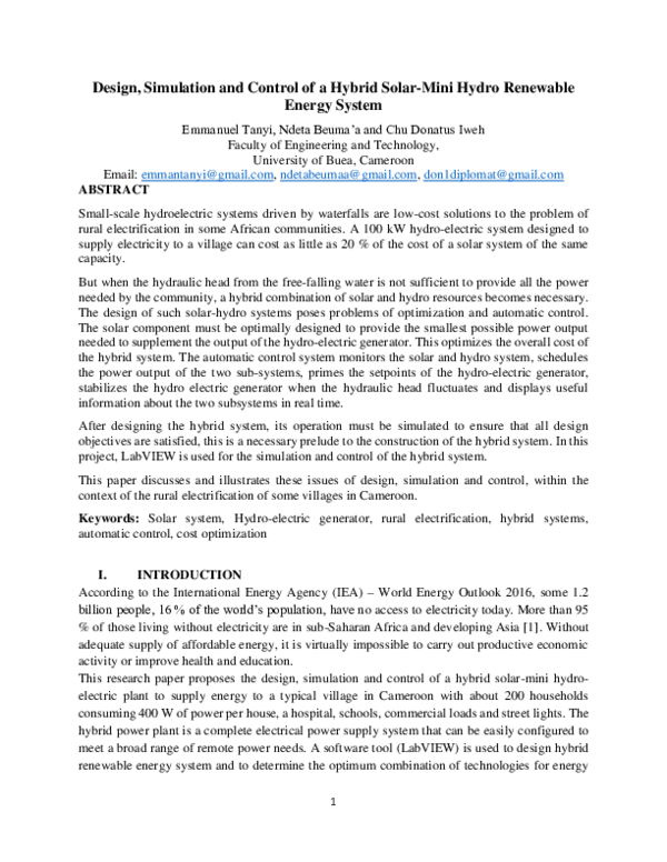 (DOC) Design, Simulation and Control of a Hybrid Solar-Mini Hydro ...